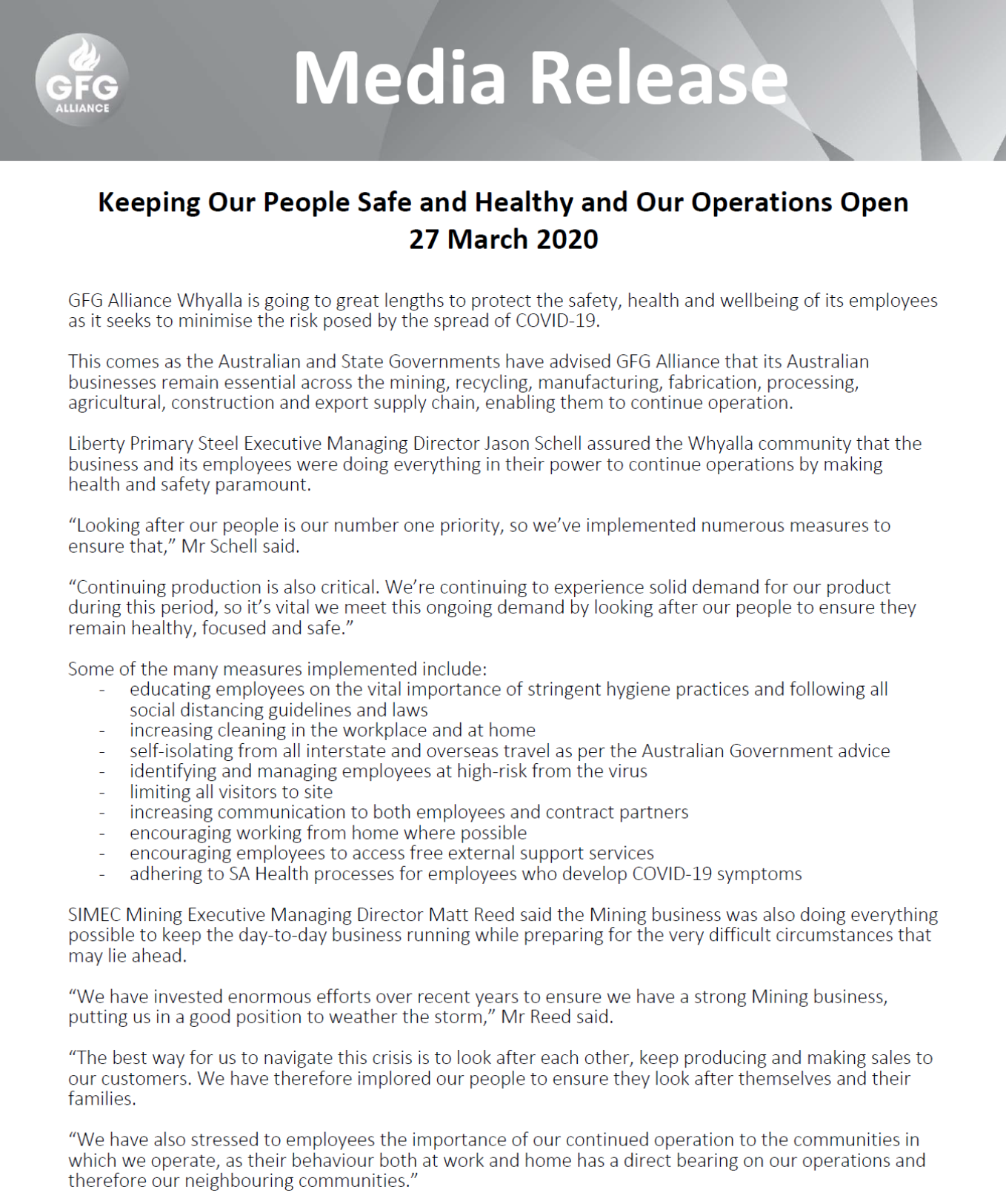 GFG Alliance media release in regards to COVID-19 - Whyalla Business ...